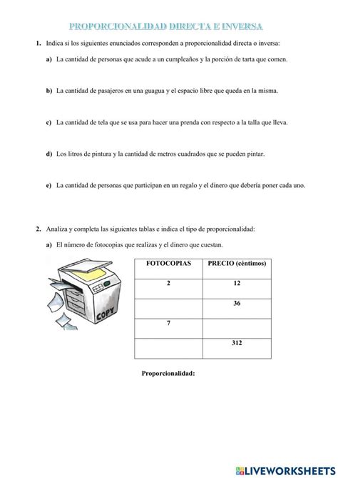 Pdf Online Worksheet Proporcionalidad Directa E Inversa Live Worksheets