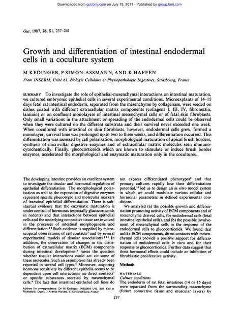 Pdf Growth And Differntiation Of Intestinal Endodermal Cells In A