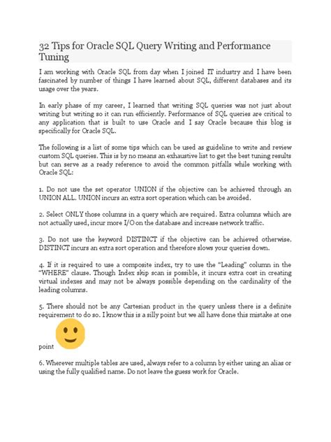 32 Tips For Oracle Sql Query Writing And Performance Tuning Pdf Database Index Sql