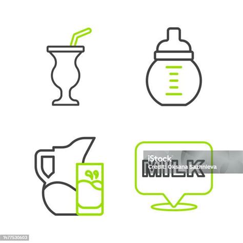 세트 라인 레터링 우유 우유 주전자 또는 투수와 유리 젖병 및 밀크 쉐이크 아이콘 벡터 0명에 대한 스톡 벡터 아트 및 기타