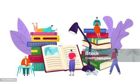 도서관과 지식 책 독서 사람들 벡터 삽화 책장에 앉아 책을 읽는 작은 사람들 교육과 연구 문학 학습 대학 도서관 독자 개념에 대한 스톡 벡터 아트 및 기타 이미지 Istock