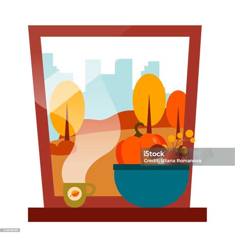 아름다운 전망의 가을 창문 창턱에서 수확과 차 한 잔 그림 흰색 배경에 고립되어 있습니다 가을에 대한 스톡 벡터 아트 및 기타