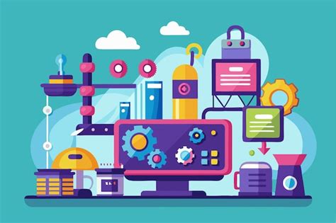 A Vibrant Display Of Processing Equipment With Gears Displays And Tools Representing Industrial A Vibrant Display Of Processing Equipment With Gears Displays And Tools Representing Industrial