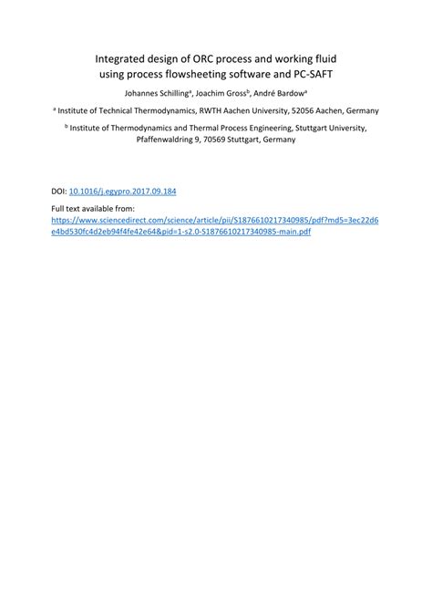 Pdf Integrated Design Of Orc Process And Working Fluid Using Process Flowsheeting Software And