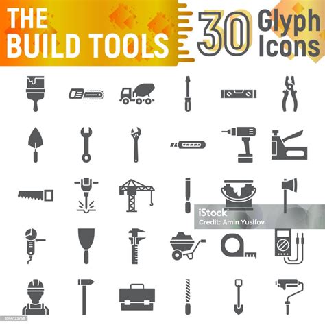 빌드 도구 글리프 아이콘 세트 건축 기호 컬렉션 벡터 스케치 로고 삽화 장비 표지판 고체 무늬 패키지에 고립 된 백색 배경 10