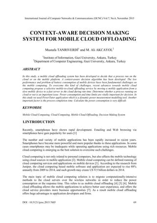 CONTEXT AWARE DECISION MAKING SYSTEM FOR MOBILE CLOUD OFFLOADING PDF Cloud Computing Internet