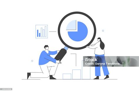 통계 분석 돋보기를 사용하여 데이터를 분석하는 캐릭터 다채로운 세그먼트가 있는 원형 다이어그램 통계 감사 연구 평면 만화 벡터