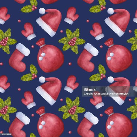 크리스마스 원활한 패턴 빨간 벙어리 장갑 가방 모자 양말 홀리 레드 베리 산타 클로스 옷 새해 복 많이 받으세요 어두운 배경에 손으로 그린 수채화 그림 12월에 대한 스톡