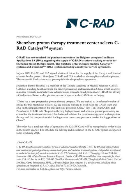 Shenzhen Proton Therapy Treatment Center Selects C Rad Catalyst™ System C Rad