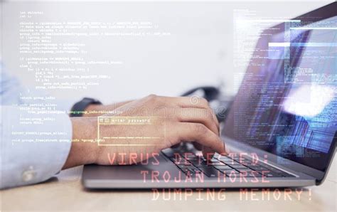 Coding Laptop With Virus And Hands Cybersecurity And Programmer Typing Person And Software