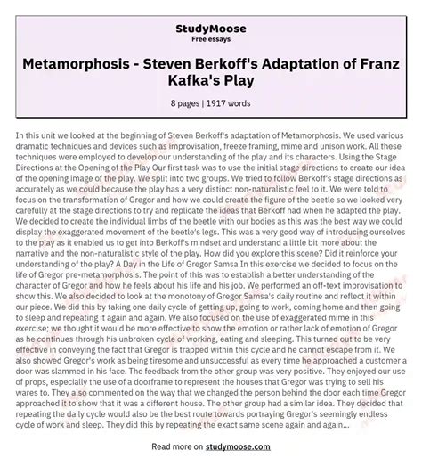 Metamorphosis Steven Berkoffs Adaptation Of Franz Kafkas Play Free Essay Example