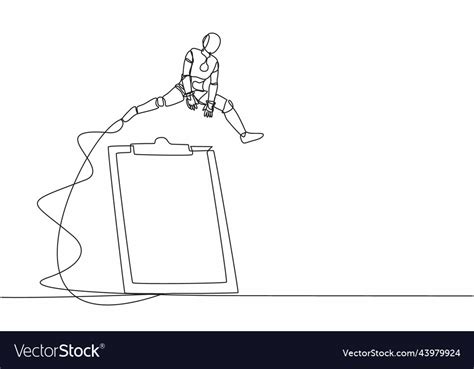 Single One Line Drawing Robot Jumping Over Big Vector Image