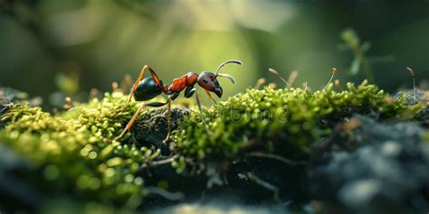 Lone Ant Exploring A Lush Mossy Landscape In Soft Light Nature Close