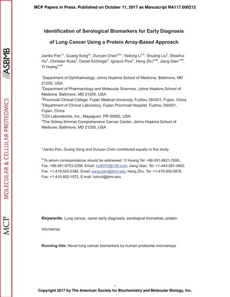 Pdf Identification Of Serological Biomarkers For Early Diagnosis Of Lung Cancer Using A