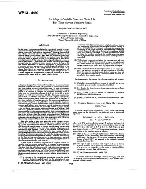 PDF An Adaptive Variable Structure Control For Fast Time Varying Unknown Plants