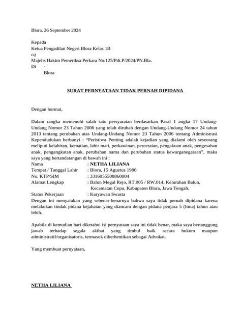 Surat Pernyataan Tidak Pernah Dipidana Netha Liliana Pdf