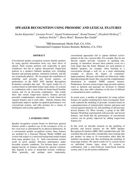 Pdf Speaker Recognition Using Prosodic And Lexical Features