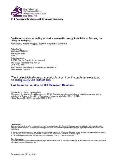 Pdf Spatial Ecosystem Modelling Of Marine Renewable Energy