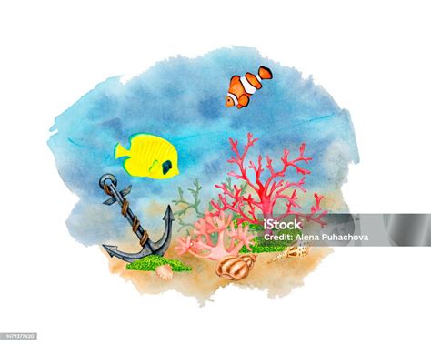 바다 바닥 수채화 구성 산호초 조개 침몰 한 앵커 및 이국적인 물고기 구도에 대한 스톡 벡터 아트 및 기타 이미지 구도
