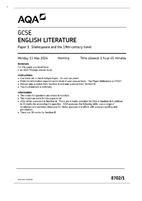 Actual June 2024 Gcse Aqa English Language English Literature