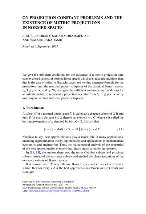 PDF On Projection Constant Problems And The Existence Of Metric Projections In Normed Spaces