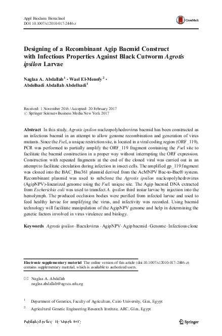 Pdf Recombinant Agip Bacmid For Controlling Black Cutworm Larvae