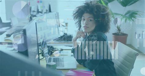 Analyzing Data Woman At Desk With Animated Analytics Overlay In Office Stock Footage Video Of