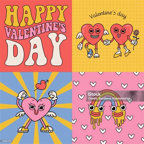 복고풍 60년대 70년대 80년대 그루비 스타일의 정사각형 발렌타인 인사말 카드 세트 소셜 미디어 Ig 게시물에 대한 그루비