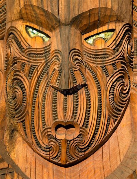 Carved Wooden Maori Masks At Te Puia Near Rotorua In New Zealand North