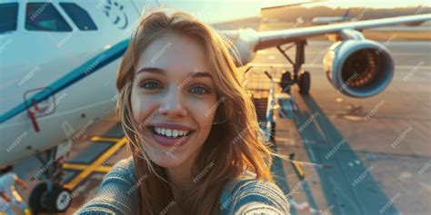 Premium Photo A Woman Takes A Selfie In Front Of An Airplane Ready