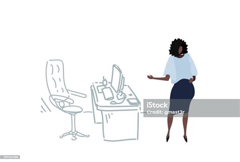 현대 직장 여성 상사 또는 비서 만화 캐릭터 전체 길이 사무실 인테리어 스케치 낙서 수평 가리키는 아프리카계 미국인 사업가 가리키기에 대한 스톡 벡터 아트 및 기타 이미지