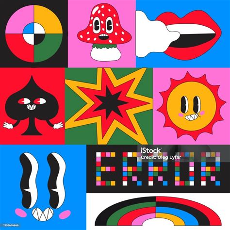 미친 만화 얼굴과 윤곽과 다채로운 기하학적 모양과 매끄러운 패턴 상보적인 밝은 색상과 검은 색의 모자이크 텍스처 현대적인 트렌디한 바우하우스와 체코 스타일의 끝없는 프린트