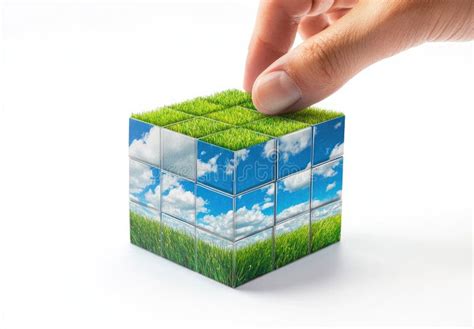 A Person Carefully Stacks Several Blue Blocks Upon The Grass Surface