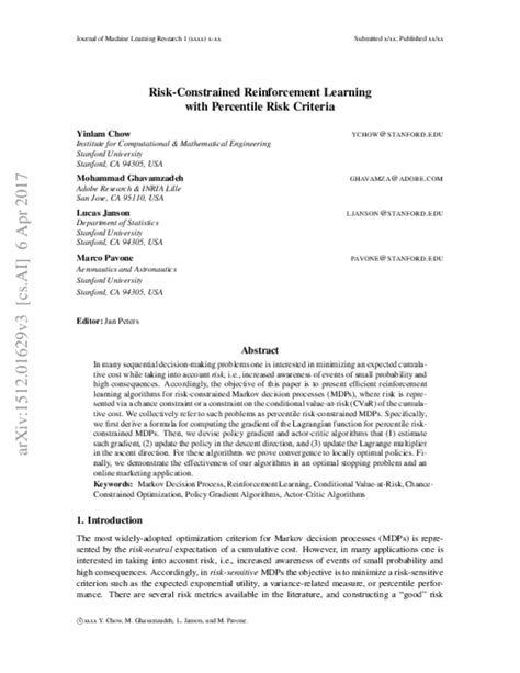 Pdf Risk Constrained Reinforcement Learning With Percentile Risk Criteria