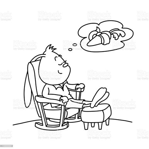 귀여운 토끼는 안락 의자에 앉고 푸프에 발을 얹고 당근에 대한 꿈을 꾼다 크리스마스 새해 및 부활절 윤곽선 벡터 일러스트레이션 만화 스타일의 토끼 컬렉션 유머 2023년에