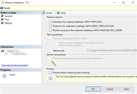 ssms close existing connections to destination database is disabled