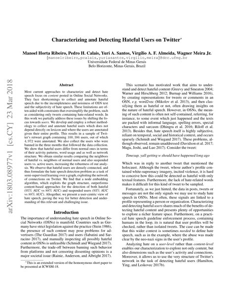 Pdf Characterizing And Detecting Hateful Users On Twitter