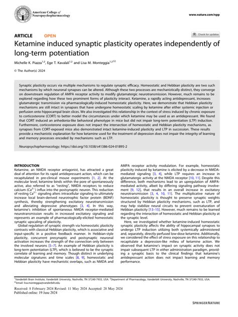 Ketamine Induced Synaptic Plasticity Operates Independently Of Long