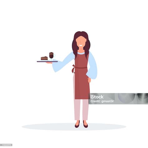 여자 웨이트리스 들고 트레이 케이크와 카푸치노 바리 스타 커피 숍 노동자 스탠 딩 포즈 만화 캐릭터 전체 길이 흰색 배경 플랫 개념에 대한 스톡 벡터 아트 및 기타 이미지