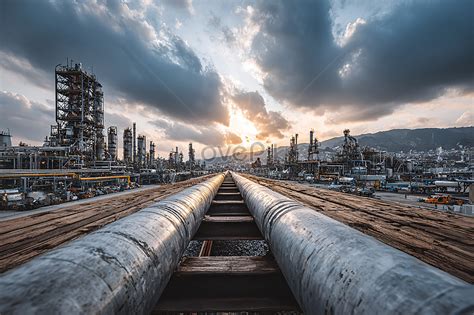 산업 구역 파이프 라인 일몰