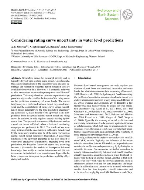 Pdf Considering Rating Curve Uncertainty In Water Level Predictions
