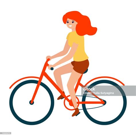 캐릭터 디자인 성인 젊은 여성이 자전거를 타고 자전거 측면 전망에 세련 된 여성 벡터 일러스트 레이 터 고립 된 건강한 생활방식에 대한 스톡 벡터 아트 및 기타 이미지