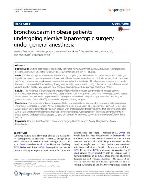 Pdf Bronchospasm In Obese Patients Undergoing Elective Laparoscopic
