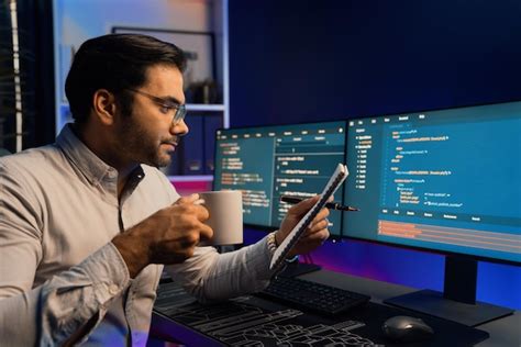 Premium Photo It Working With Drinking Coffee Coding On Pc Screen Reading Note Surmise