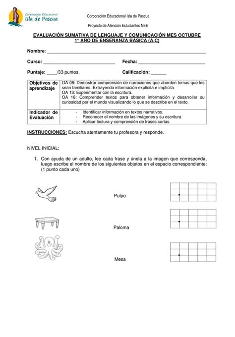 EvaluaciÓn Sumativa De Lenguaje Y ComunicaciÓn 1° Profesocial