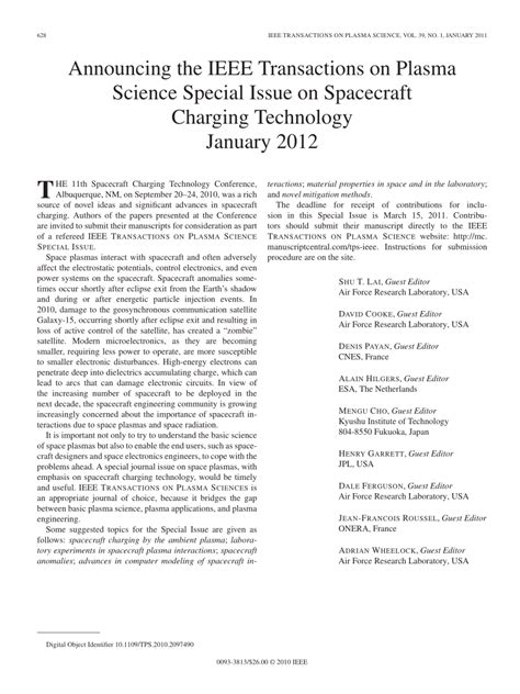 Pdf Announcing The Ieee Transactions On Plasma Science Special Issue On Spacecraft Charging