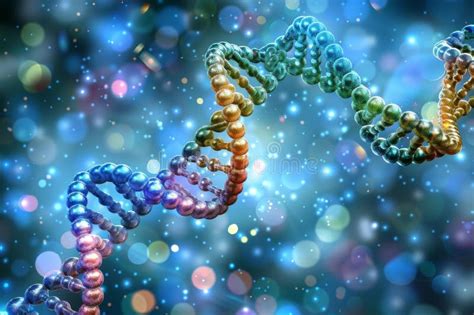 Colorful Dna Strand With Glowing Particles In A Blue Background Stock