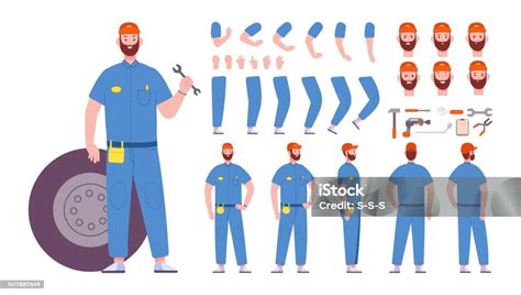 자동차 정비사 캐릭터 자동차 수리 노동자 애니메이션 만화 기술자 그림 포즈 키트 고정 차량 설치 휠 모터 전문가 세트 수리공