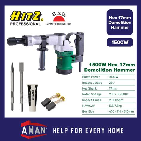 Hitz 1500w Hex Demolition Hammer Break Concrete Chisel Electric Hammer Mesin Ketuk Konkrit
