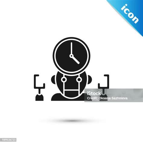 흰색 배경에 격리 된 검은 로봇 및 디지털 시간 관리자 아이콘 시간 관리 지원 워크플로 최적화 도움말 벡터 일러스트레이션 개선에 대한 스톡 벡터 아트 및 기타 이미지